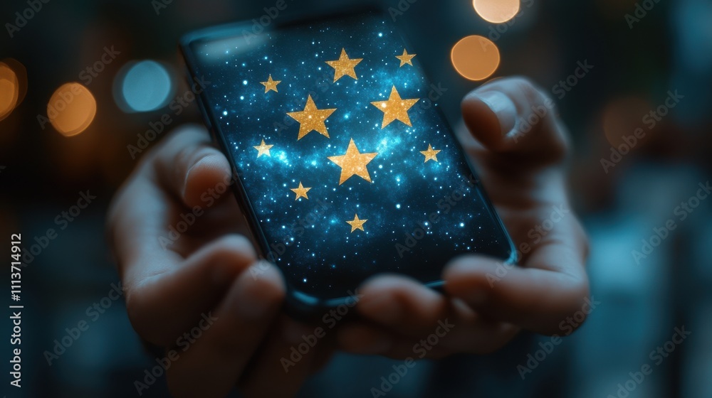 or customer using smartphone with popup five star icon for feedback ...