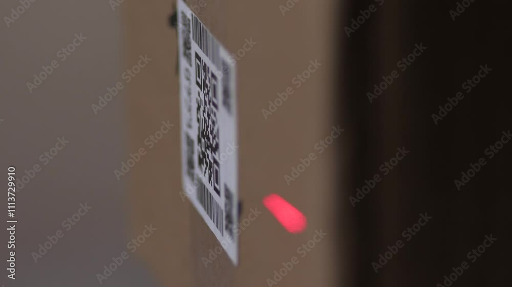 close-up of a QR code scanned with a laser beam barcode scanner, a QR ...