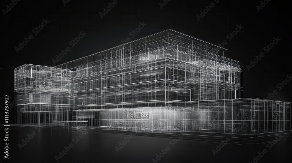 The wireframe model illustrates a contemporary building design in a ...