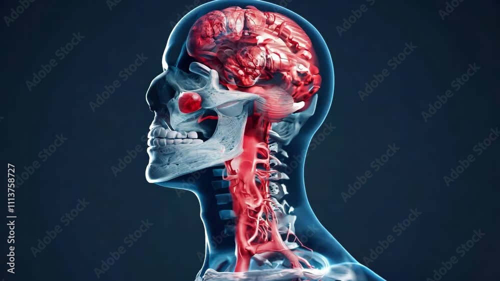 Detailed anatomical illustration of human skull and brain exploring ...