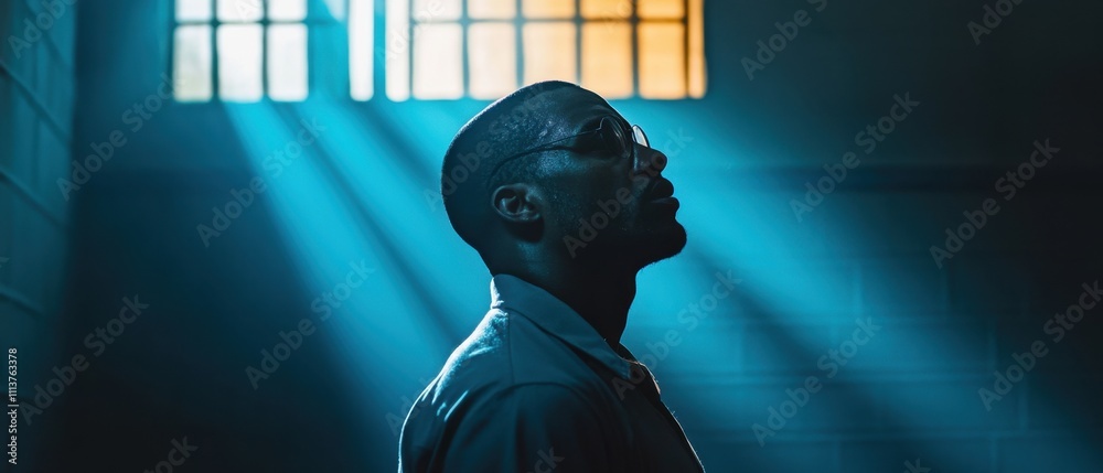 Dark interrogation chamber, lone suspect, harsh light beams, sweat on ...