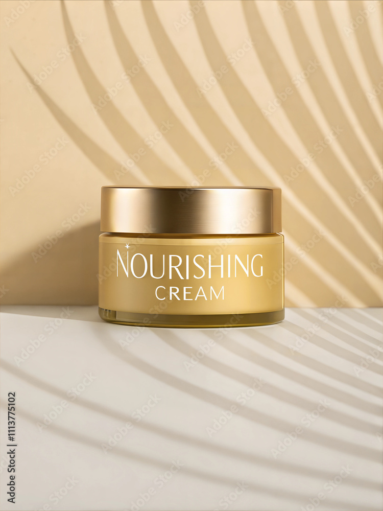 Gold nourishing face cream jar with black lid product mockup on beige ...