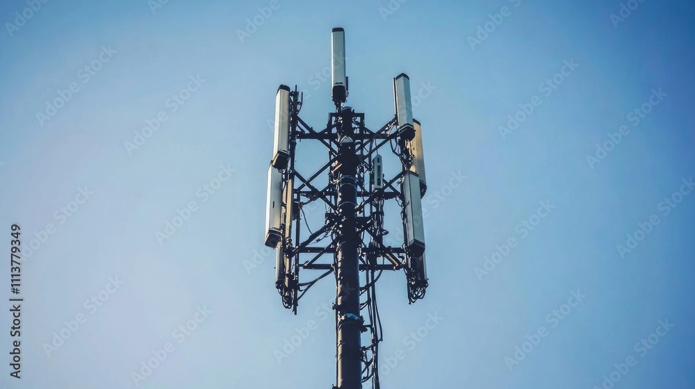 A perspective shot looking up at a cell phone tower, capturing the ...