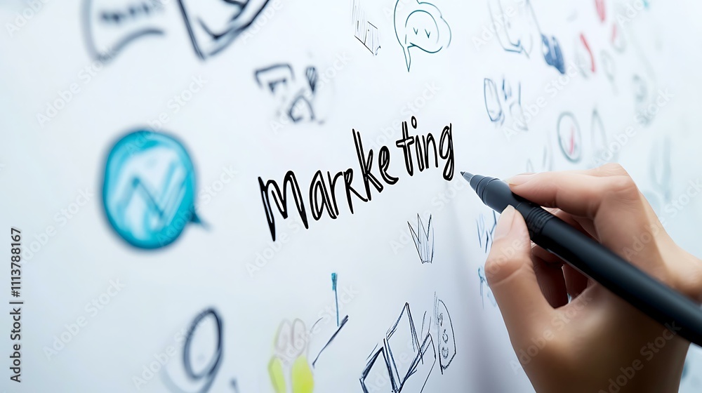 a hand with black marker, writing on white board with notes, social ...