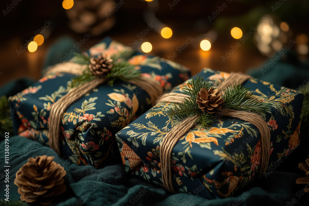 Festive gift boxes wraped in beautiful fabric with pinecones and string ...