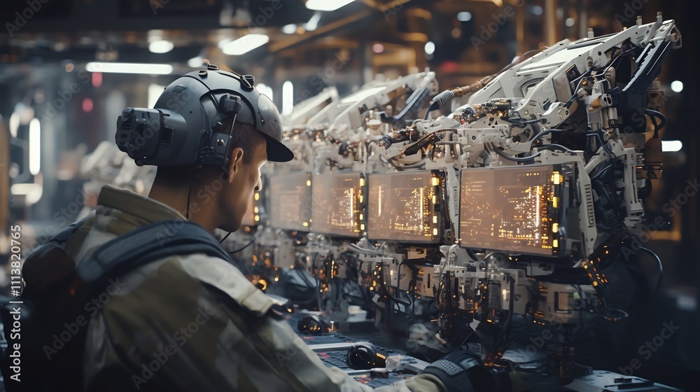 Soldier Interacting with Touchscreen to Control Advanced Robotic Weapon ...