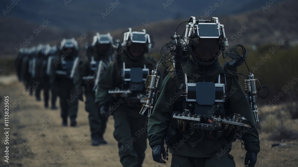 Futuristic soldiers wearing smart high tech uniforms equipped with ...