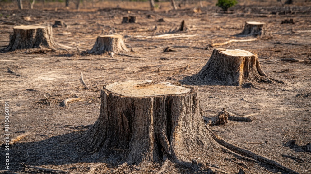 The wasteland and forests are destroyed with tree stumps, reflecting ...