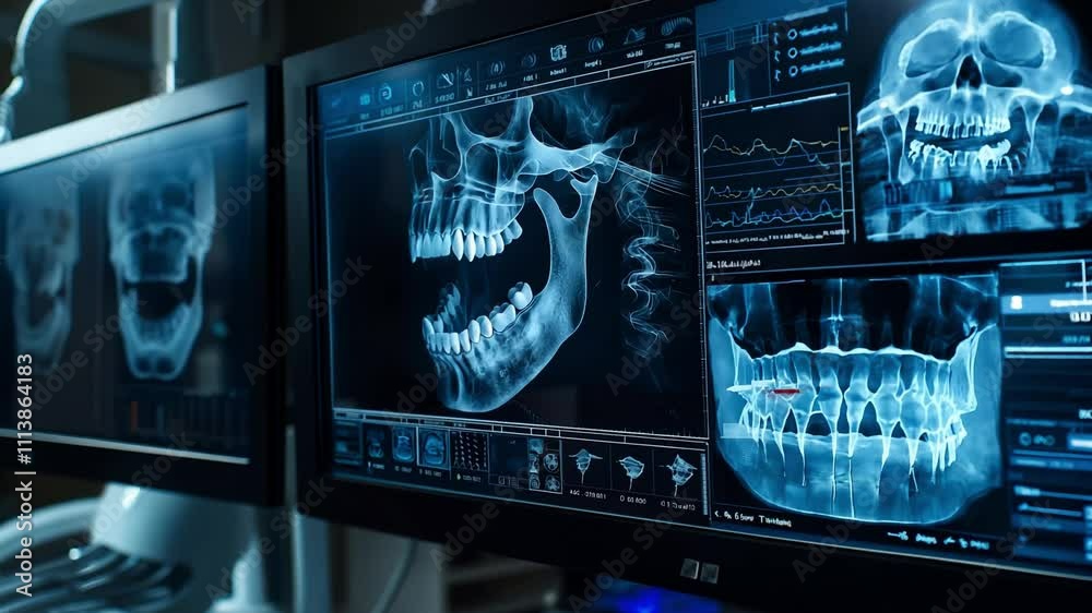 Multiple holographic displays show different angles and crosssections of a patients dental ...