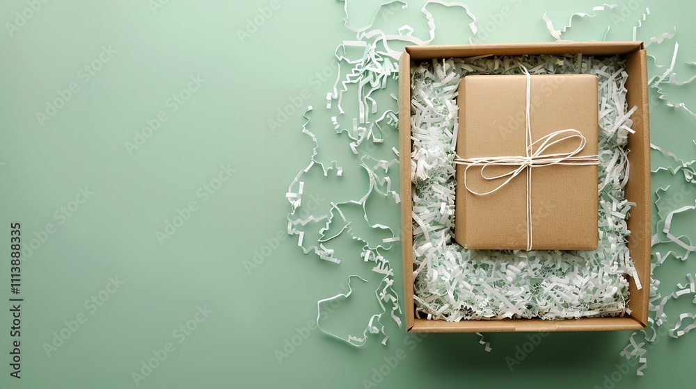 View from above of a cardboard box containing white-shredded paper for ...