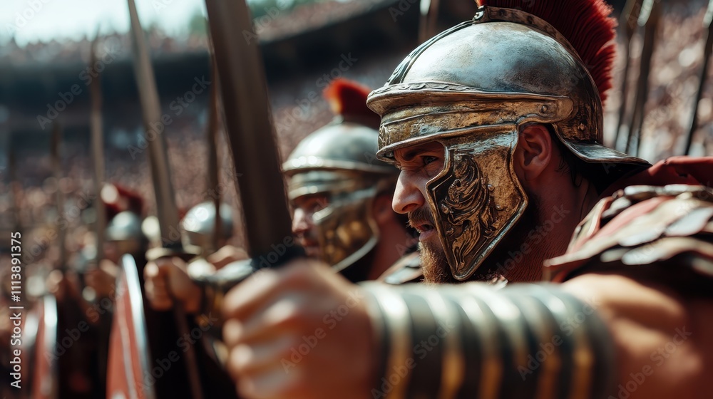 A group of ancient warriors, clad in elaborate armor and helmets, stand ...