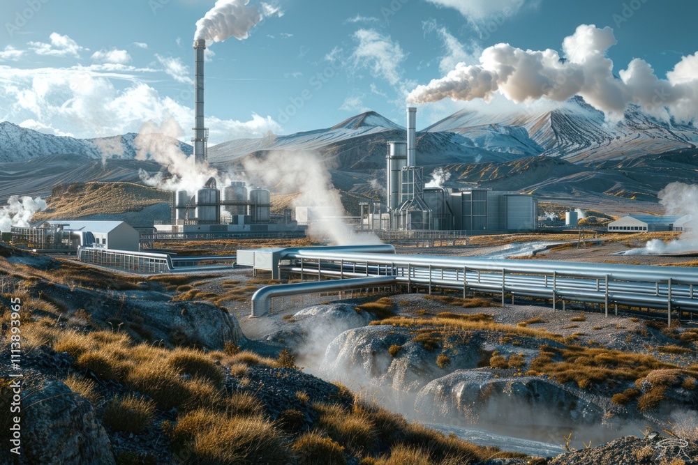 geothermal power plant with steam rising from geothermal wells Stock ...