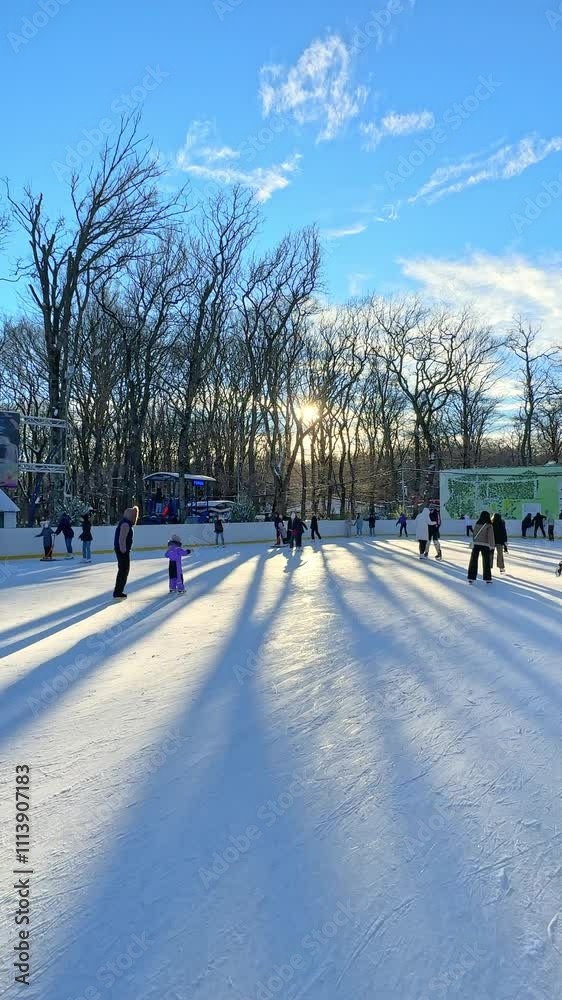 People skating on the outdoor city park ice rink. Winter cityscape with ...