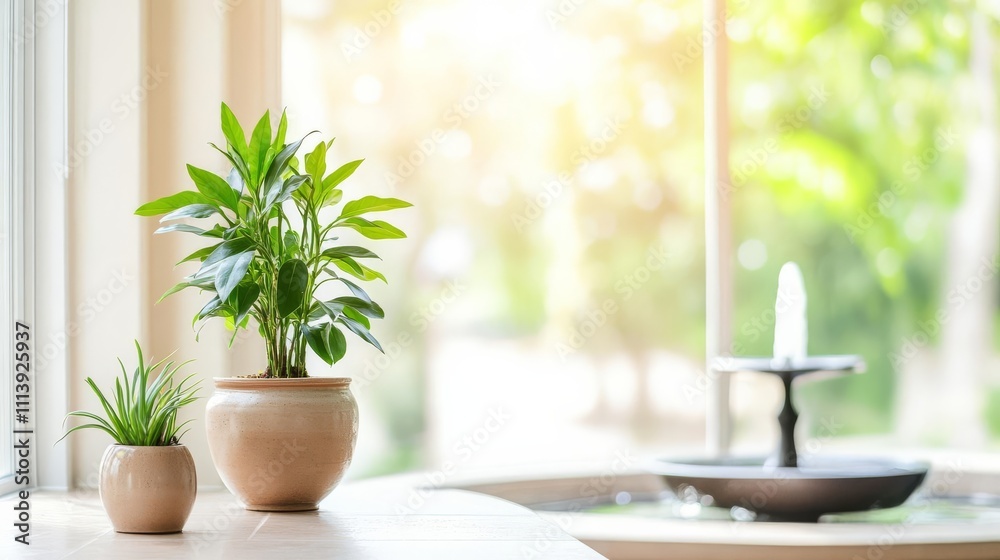 Houseplants positioned near a fountain, benefiting from natural ...