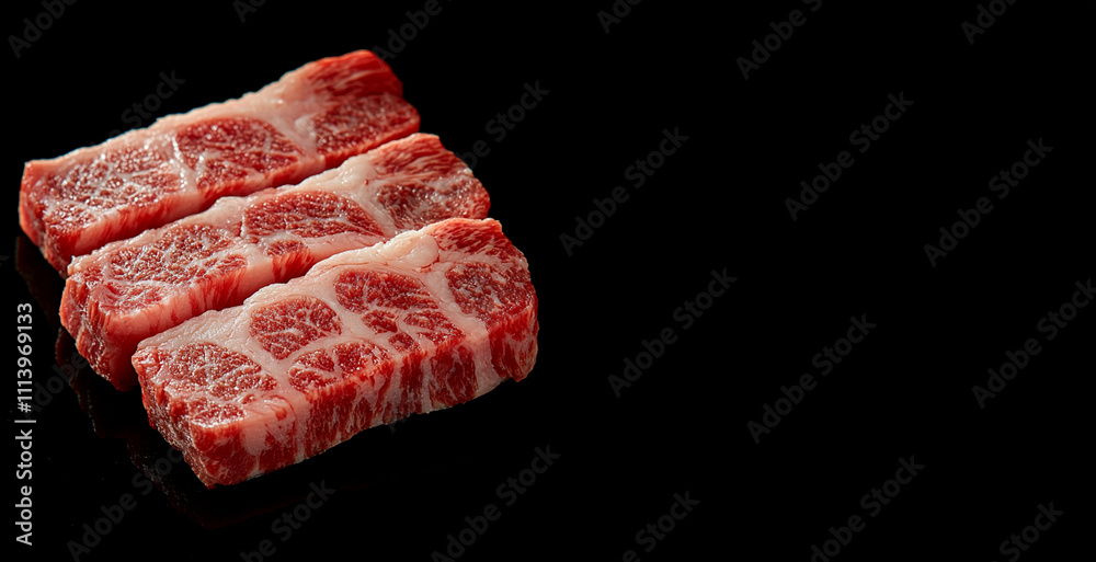 Dry Aged Beef, Two raw pork shoulder cuts, showcasing marbled meat with ...