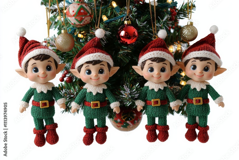 seamless of Five christmas elves hanging on a christmas tree with ...