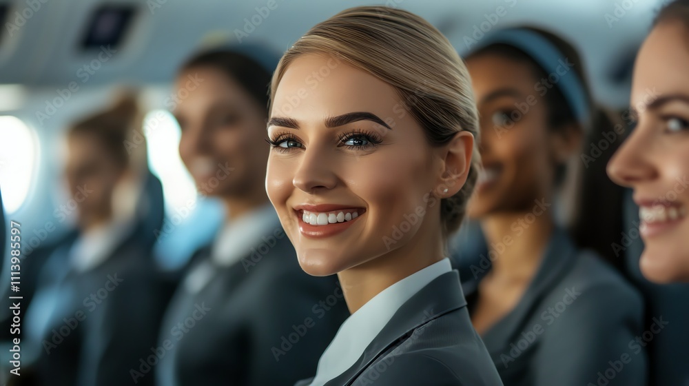 A group of four smiling flight attendants in uniform stand in front of ...