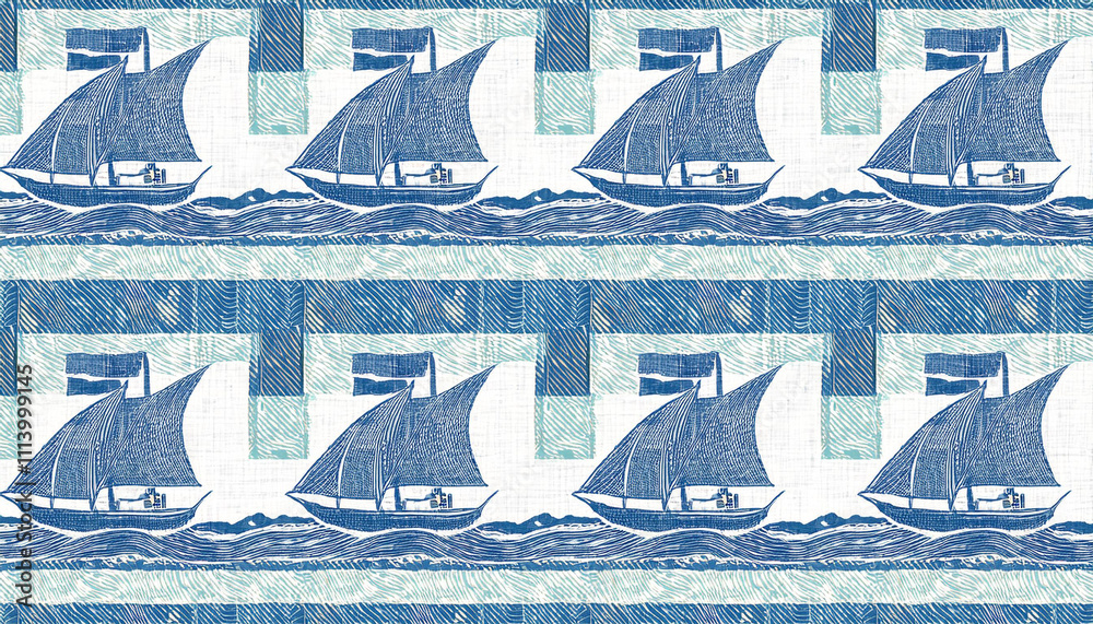 Coastal sail boat in azure ocean blue seamless border background ...