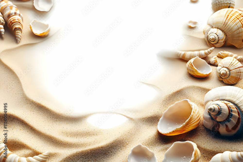 A calm and peaceful beach scene with sand and seashells scattered ...