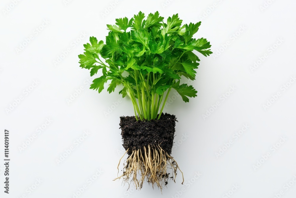 Fresh parsley plant with visible roots, soil, and lush green leaves ...