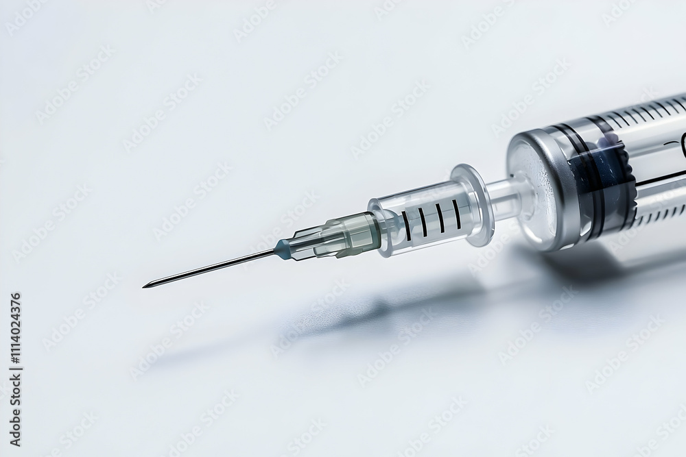 A medical syringe with a needle ready, captured in close-up, isolated ...
