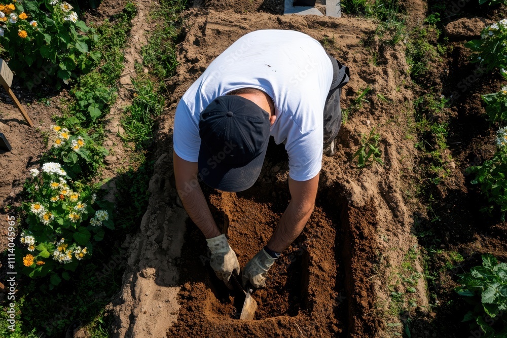 A cemetery worker digging a grave surrounded by blooming flowers ...