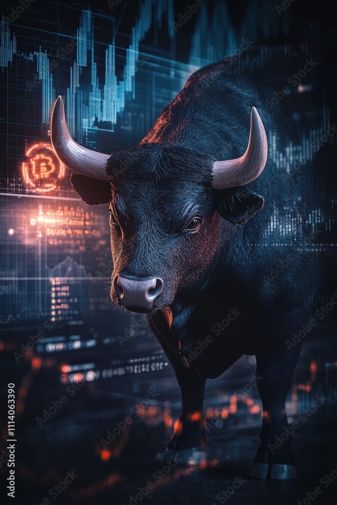 bull market bull in front of digital stock charts and graphs ...