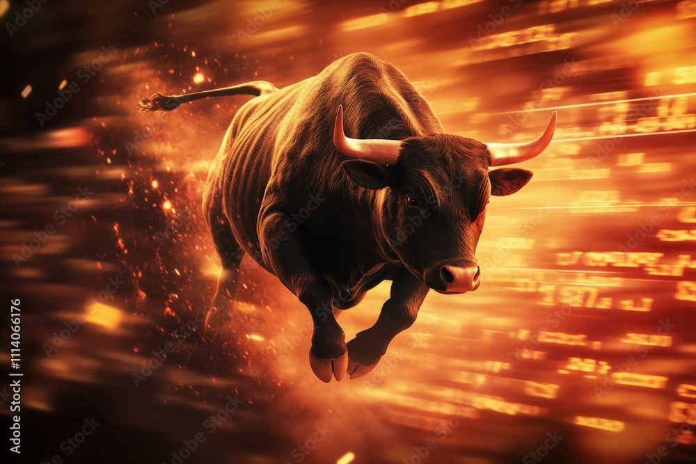 dynamic bull charging forward with fiery background, representing a ...