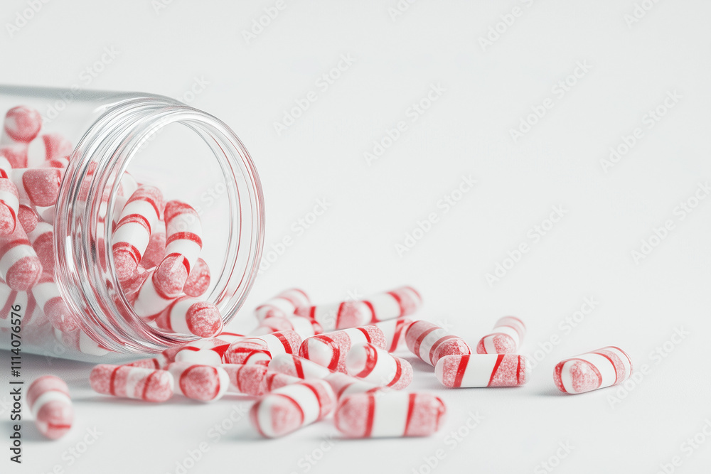 Christmas tablets caramel candy canes in a medicine jar on a white ...