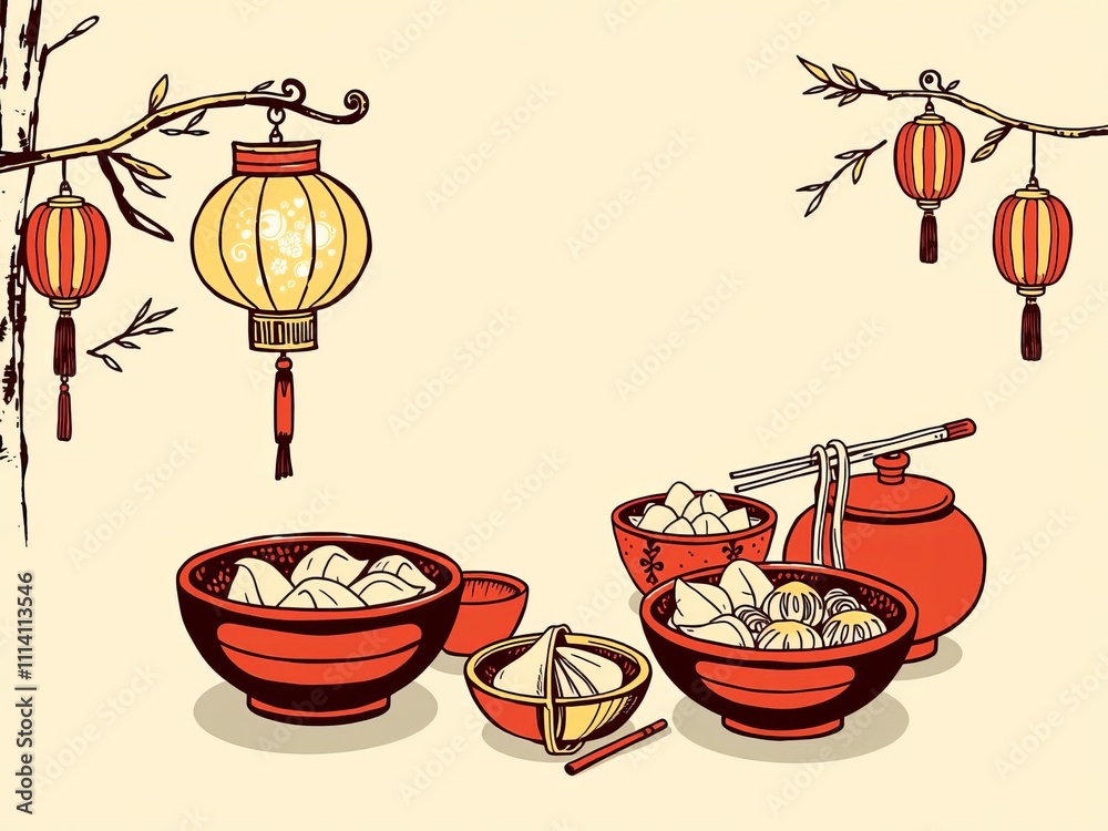 Chinese restaurant menu hand drawn illustration of traditional dishes ...