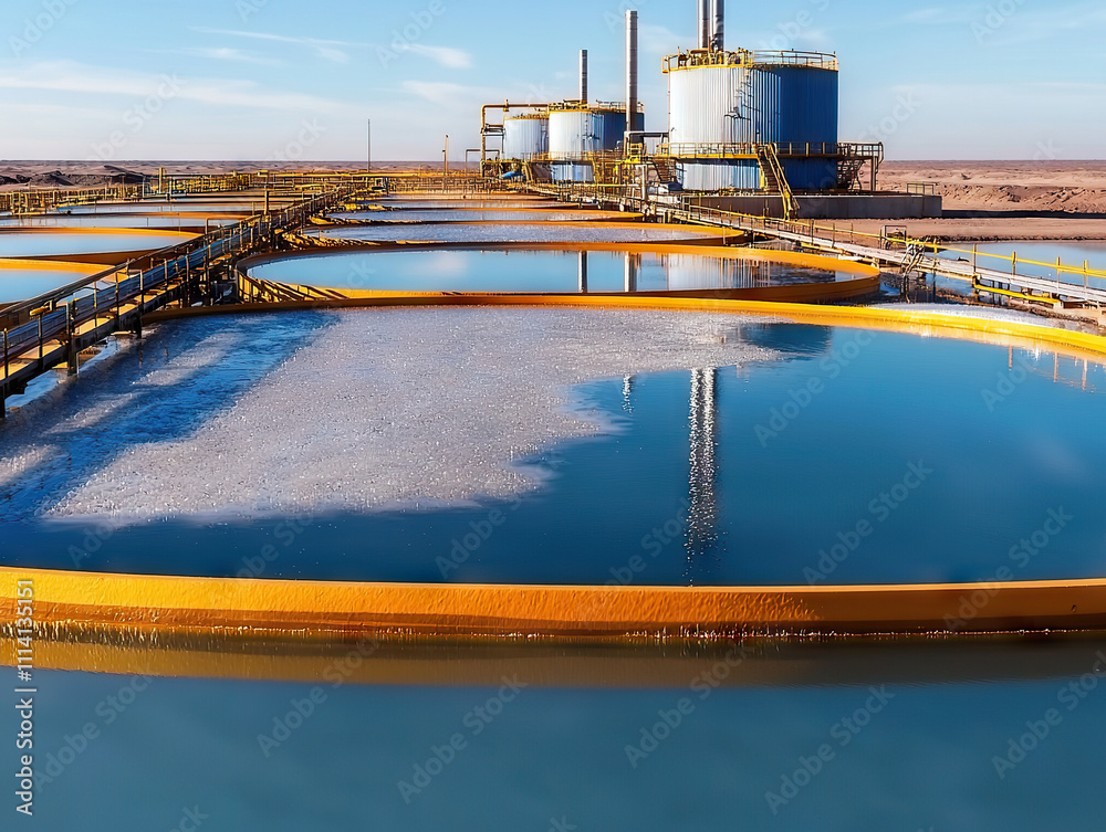Industrial lithium evaporation ponds with reflective water surfaces and ...