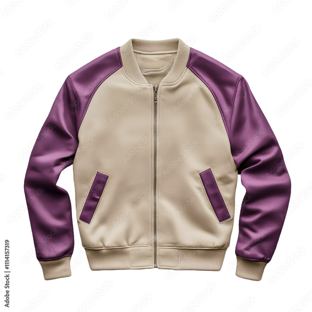 An editable mockup of a varsity jacket with a beige and purple colour ...
