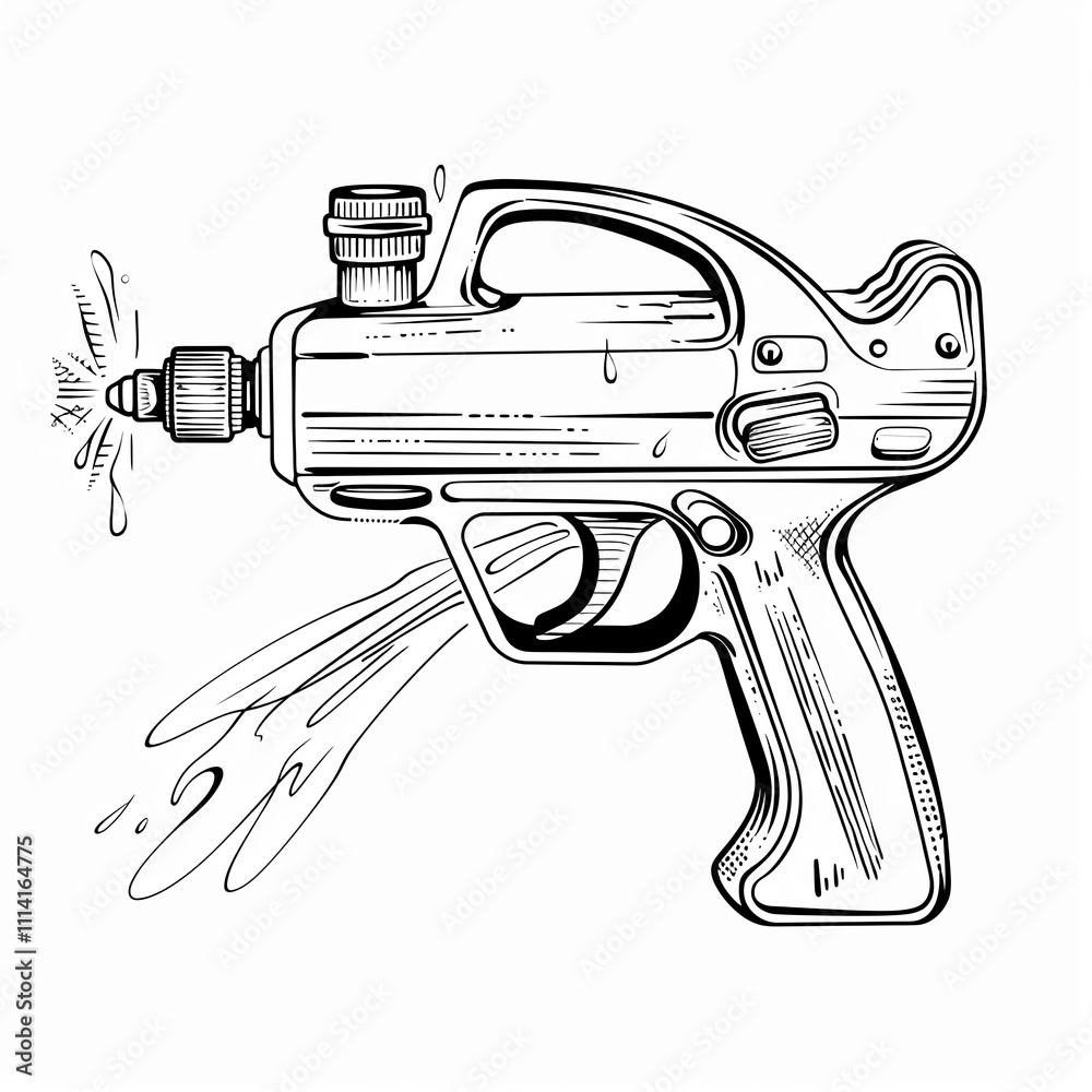 A black and white illustration of a water gun, shooting a stream of ...
