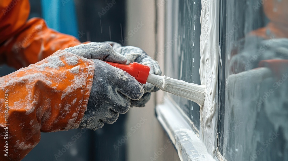 Silicone caulking being used on outdoor window frames to prevent rain ...