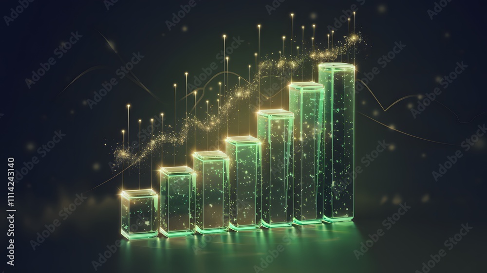 Sleek futuristic 3D bar graph made of glowing green lines representing ...