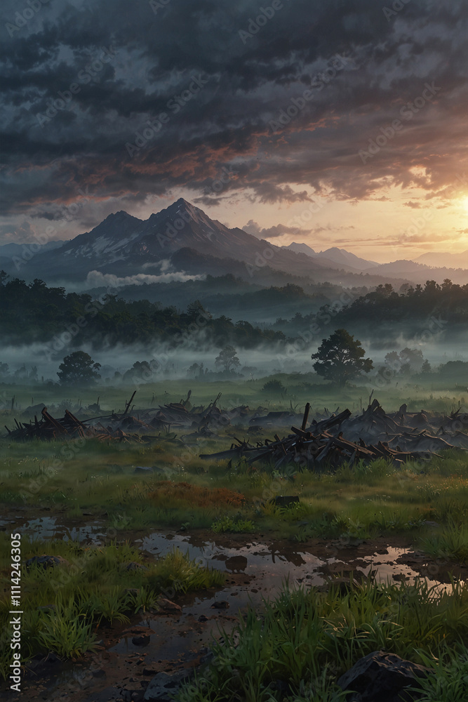 Evocative landscape painting of a misty valley with remnants of a ...