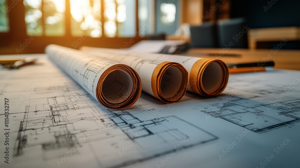 Detailed architectural blueprints with multiple building plans, rolled ...