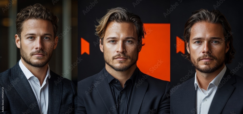 Three men are posing for a photo, all wearing suits and looking at the ...