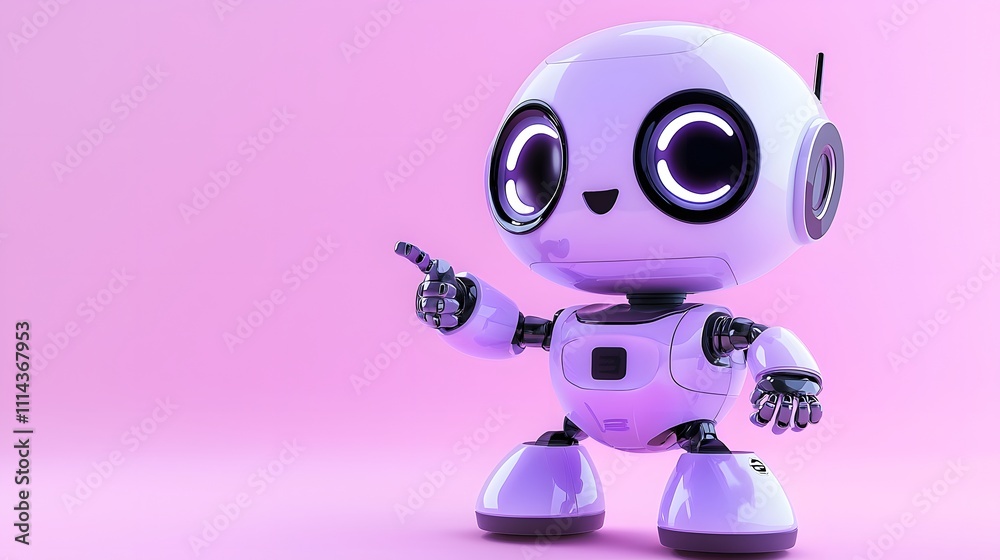 Tiny Purple Robot with Bright Eyes and Happy Expression Pointing to the ...