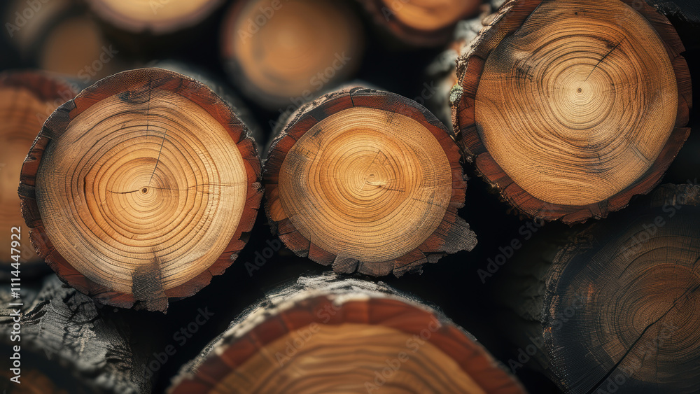 Logs of different diameters have a round shape with a woody structure ...