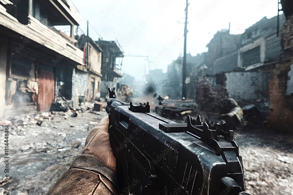 First-person view of a soldier holding an assault rifle, aiming down ...