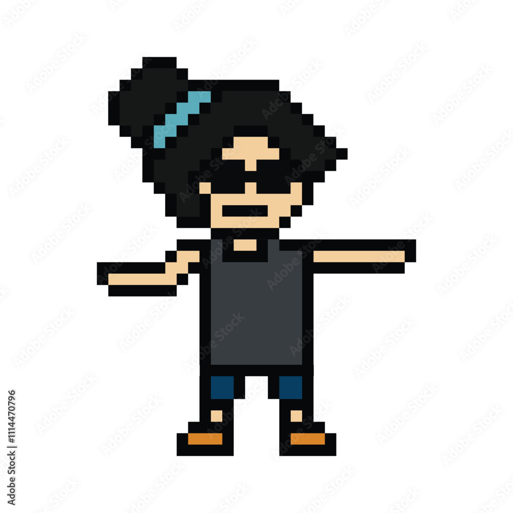 Cute pixel cartoon 8bit character woman exercises training dance ...