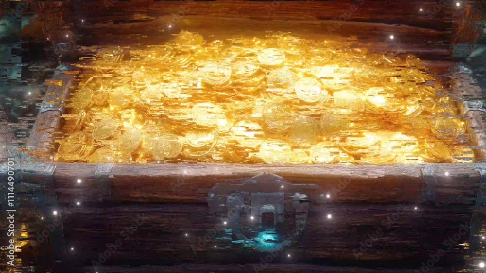 A treasure chest filled with radiant gold coins shines in a dark cave ...