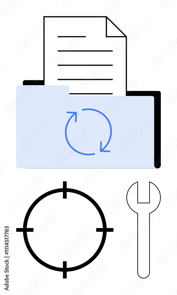 Document in a folder with refresh icon, target symbol, and wrench ...
