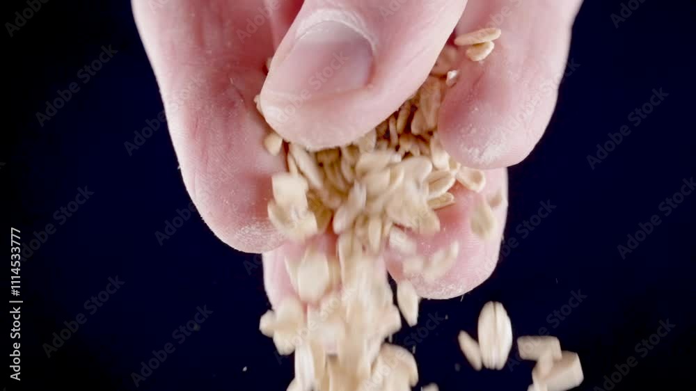Raw Oats Falling from Male Hand in Slow Motion, Close-up Shot of ...