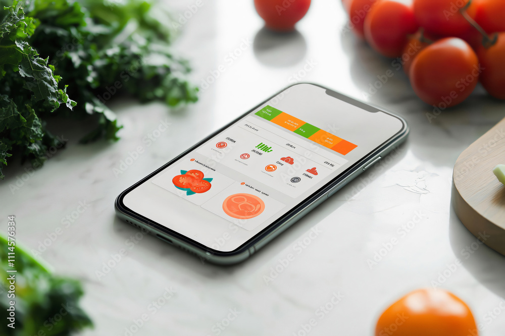 Smartphone displaying nutrition facts lying on kitchen counter near ...