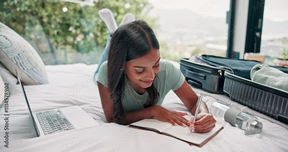 Happy, woman and writing in journal at house with suitcase, travel ...