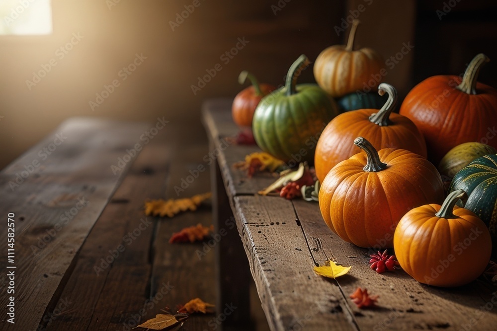 Autumn bottom border banner of pumpkins, gourds and fall decor on a ...