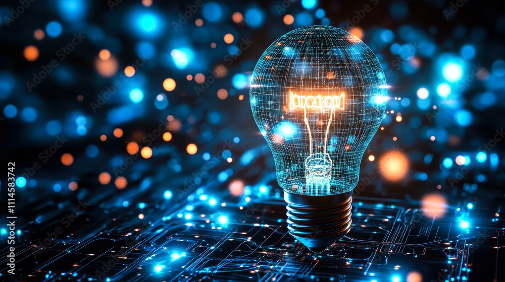 Blue Digital Light Bulb with Glowing Data Streams Symbolizing AI in Innovation and Tech ...