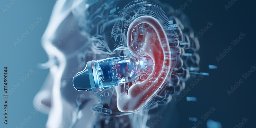 conceptual illustration of cochlear implant interfacing with brain ...